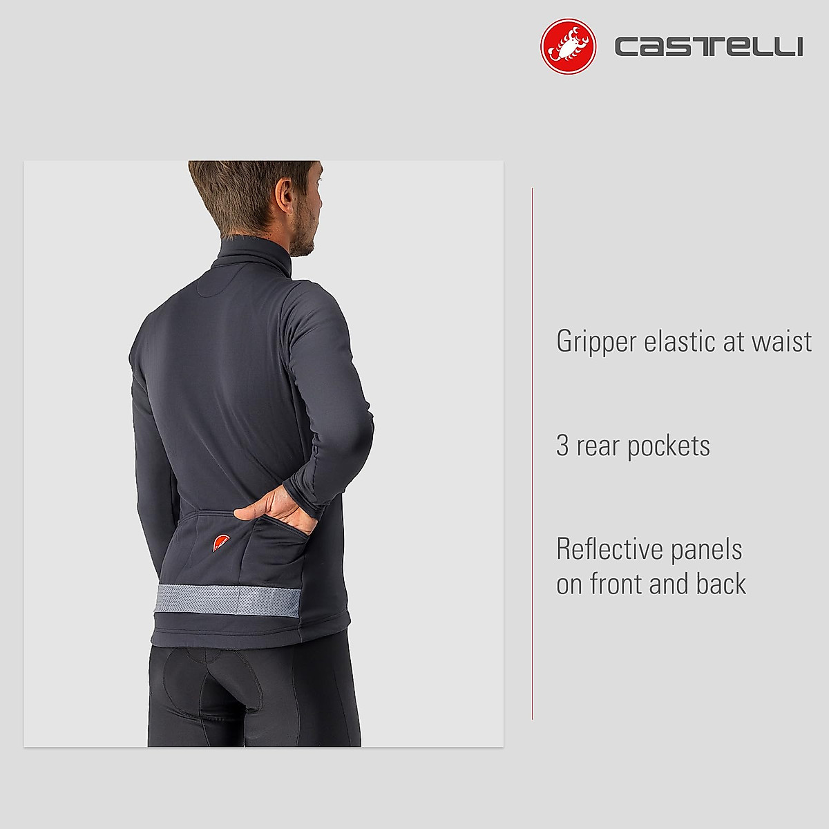Castelli Men's Puro 3 Jersey FZ, Fleece Insulated Long Sleeve Zip Up with High Collar for Road and Gravel Biking I Cycling - Light Black/Silver Reflex - Medium