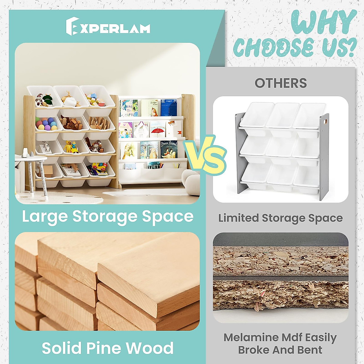 EXPERLAM Kids Toy Storage Organizer - Toy Organizer with Kids Bookshelf, Toy Storage with 12 Toy White Bins and 4 Book Shelves, Toy Organizers and Storage for Playroom, Nursery, Kids Room, Burlywood