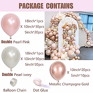 Oynearo Double Stuffed Pearl Pink and Ivory White Balloon Garland Arch Kit Pearl and Chrome Champagne Gold Balloons for Baby Shower Birthday Bridal Engagement Anniversary Party Backdrop Decoration