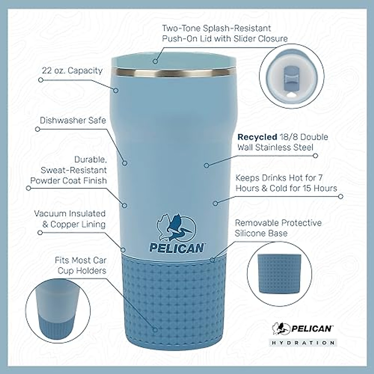 Pelican Hydration Pelican Cascade™ 22 oz Vacuum Insulated Tumbler - Recycled Stainless Steel Double Wall Travel with Dual Lid, Powder Coated Insulated Coffee Mug For Hot Cold Drinks, Lilac