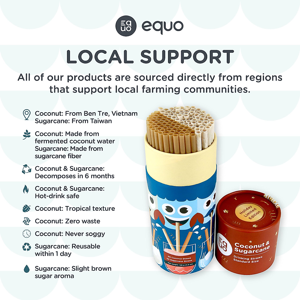 EQUO Limited Edition Coconut and Sugarcane Drinking Straws, Biodegradable and Plastic-Free, Combo Pack of 100, Standard