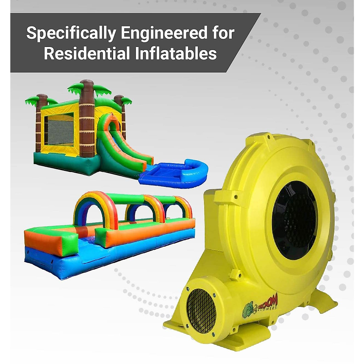 Zoom Blowers Portable Air Pump for Inflatables - Energy Efficient High Power 950-Watt, 1.25 HP Compact Residential Air Blower for Bounce Houses, Slide Combos, Water Slides and Obstacle Course for Kids