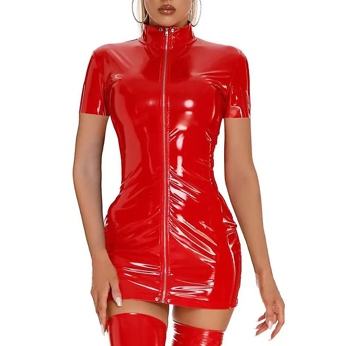 Women Sexy Leather Dress, Wetlook, Short Sleeve, Plus Size XXXL, Shiny Latex Hip Skirt, Red