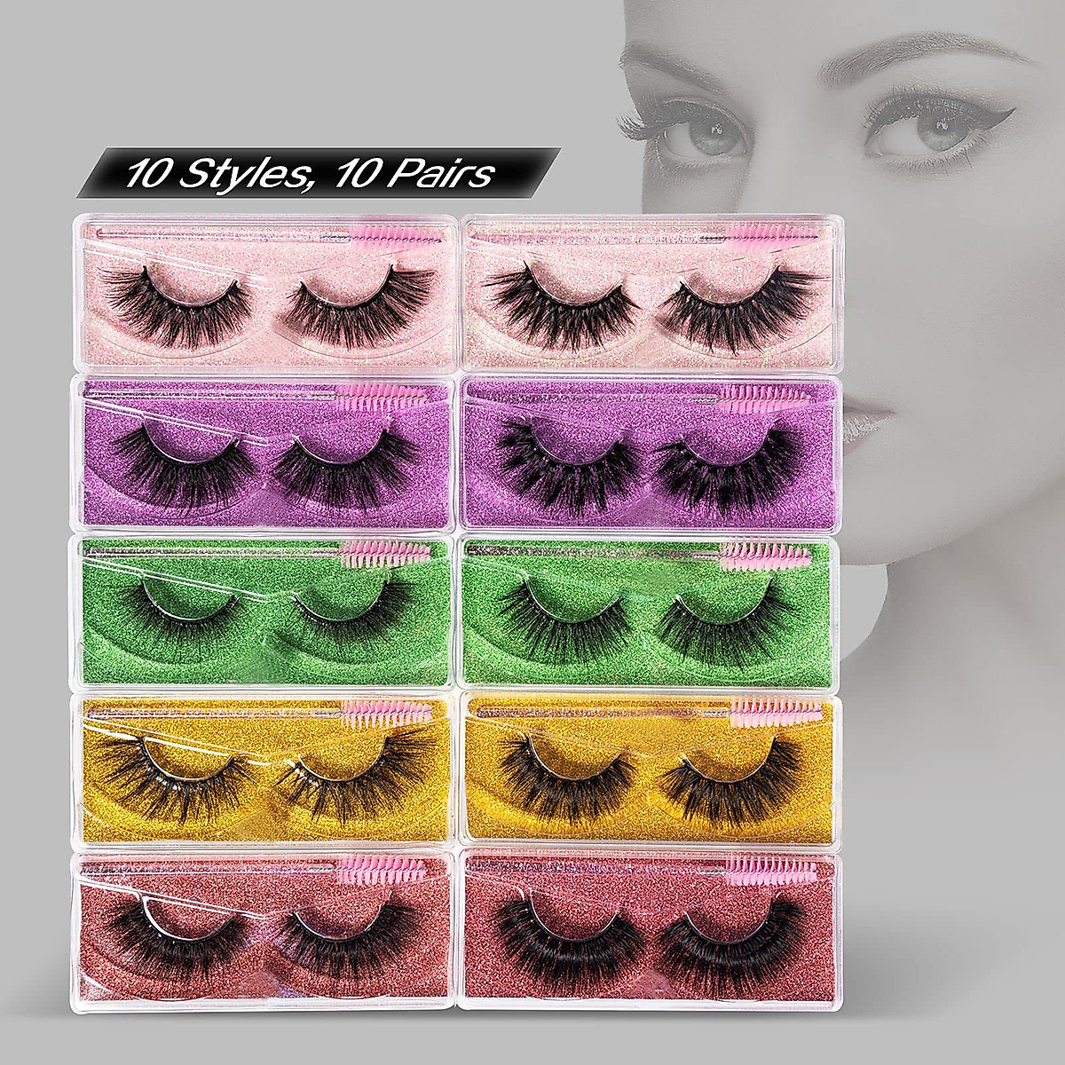 False Eyelashes Wispy 13 to15mm 3D Fluffy Eyelashes Wholesale - Pack 10 Pairs 10 Styles Mink Lashes Bulk -Lightweight Reusable Fake Mink Eyelashes -Natural Look Faux Lashes with Glitter Portable Box