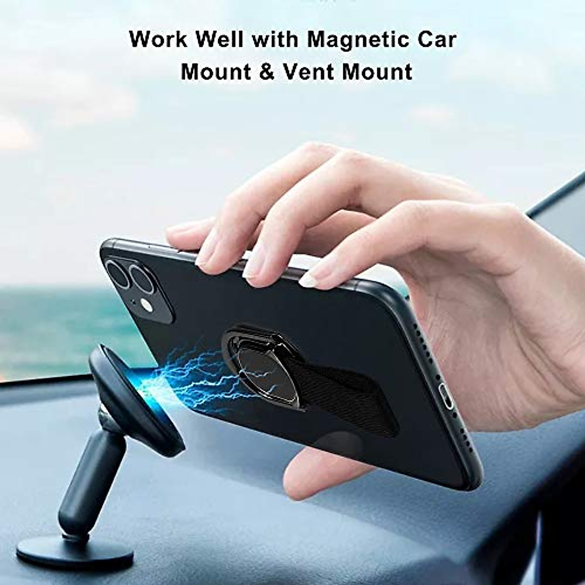 Phone Loop Ring Holder,Phone Strap Finger Holder, Phone Holder Finger Ring Stand Compatible with Magnetic Car Mount,Phone Grips Kickstand for All Phones and Tablets, Wireless Charging Available,Black