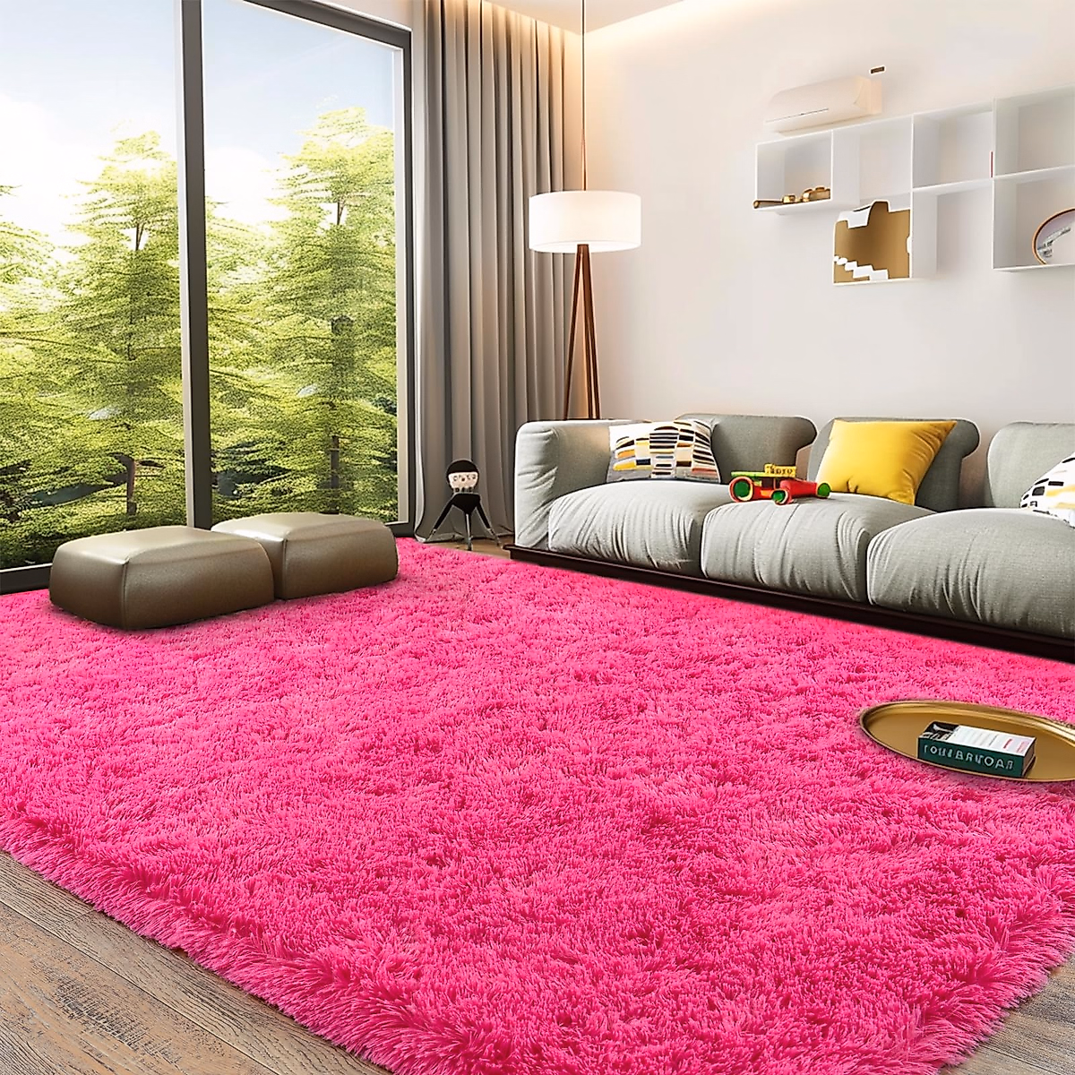 Hot Pink Shaggy Rugs Fluffy Carpets, Indoor Modern Plush Area Rugs for Living Room, Upgrade Anti-Skid Area Rug, Rectangular 4x6 Feet Fuzzy Rug for Nursery Home Decor