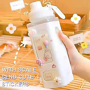 excvalues Kawaii Water Bottle with Straw Cute Large Water Bottles with Kawaii Stickers Aesthetic Leakproof Square Drinking Bottle (pink)