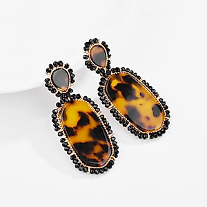 Nicole Miller New York Large Leopard Print Oblong Shaped Acrylic Black Beads Fashion Dangle Earrings
