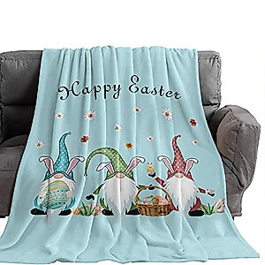 Throw Blankets Happy Easter Gnomes Basket Eggs Fuzzy Soft Bed Cover Bedspread Microfiber Luxury Blanket for Travel Stadium Camping Couch Sofa Chair Blue