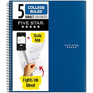 Five Star Spiral Notebook + Study App, 5 Subject, College Ruled Paper, 200 Sheets, 11" x 8-1/2", Pacific Blue, 1 Count (73635)