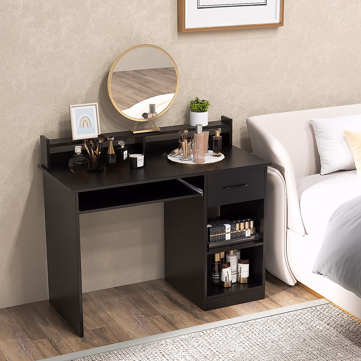 IFANNY Computer Desk, Office Desk with Drawers, Hutch, Keyboard Tray & Adjustable Shelf, Small Desk with Storage, Modern Home Office Desks, Black Desk for Bedroom, Living Room, Study (Black)