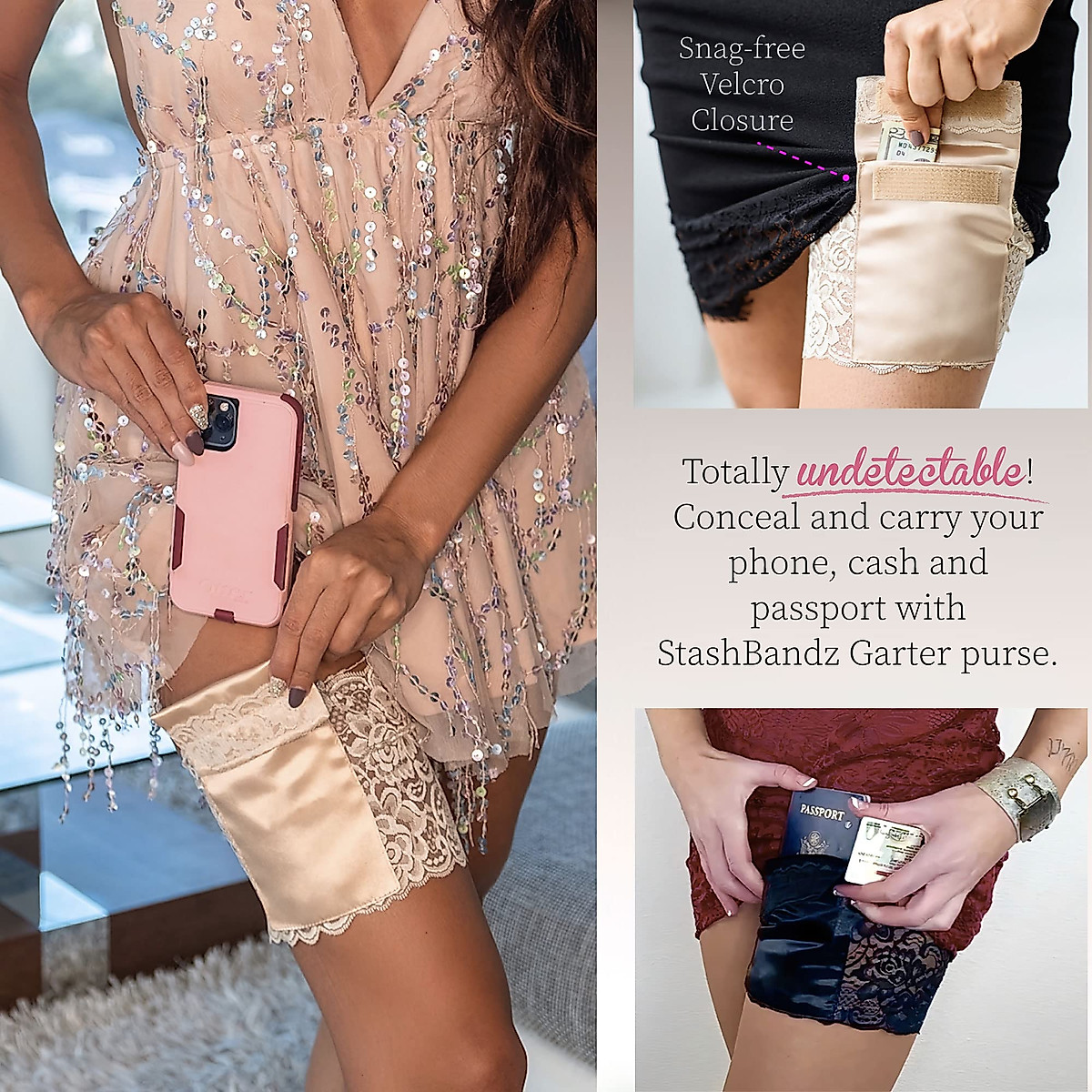 Stashbandz Thigh Bag Garter Purse, French Lace Wallet and Flask Holder, Stays Put Silicone Grip, 2 Ample Secured Pockets, Holds Any Size Phone, Money, Passport, & More