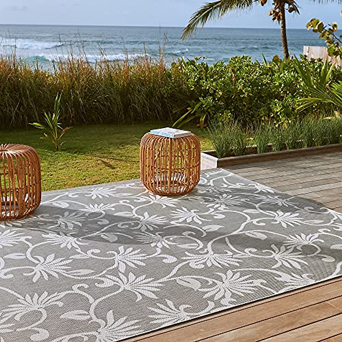 Gertmenian Indoor Outdoor Rugs by Reyn Spooner | Tropical Rugs for Deck, Patio, Poolside & Mudroom | Washable, Stain & UV Resistant Carpet | 6x9 Medium, Floral Vines Gray Cream, 46679
