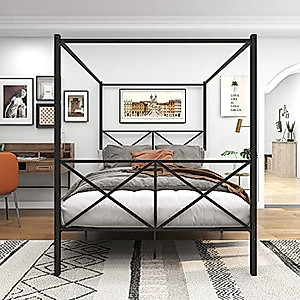 NATJUN Metal Canopy Bed Frame, Platform Bed Frame Queen with X Shaped Frame Queen Black