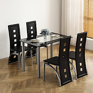 Imseigo Modern Dining Table Set for 4, 5-Piece Kitchen Table Set with 1 Tempered Glass & 4 PVC Chairs for Small Space, Space Saving Rectangular Table & Chair Set for Kitchen, Dining Room, Black Grey