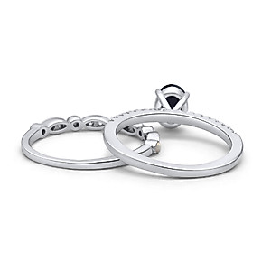 Simulated Black Cubic Zirconia Size-10 Two Piece Oval Art Deco Bridal Set Wedding Engagement Ring Band Round Simulated Cubic Zirconia 925 Sterling Silver