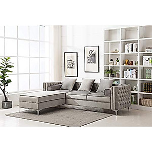 Legend Vansen Reversible L Shaped Velvet Sofa Chaise with Ottoman for 3seats Large Size Sectional, Grey
