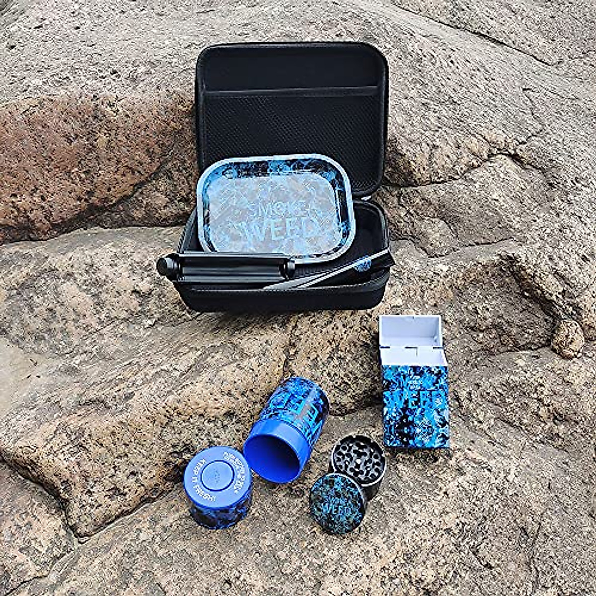 8.86 inches Metal Herb Grinder Rolling Tray Set, Bring a suitcase Premium Grinder, Blue