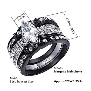 MABELLA His Hers Couple Matching Rings Black Women Stainless Steel Marquise Cut AAA+ Cubic Zirconia Wedding Engagement Ring Bridal Sets & Men CZ Titanium Band,Women's Size 7 Men's Size 10