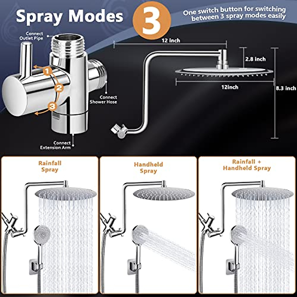 12" Rainfall Shower Head with Handheld Combo, High Pressure Shower Heads with Upgraded 12" Adjustable Curved Shower Extension Arm, 6 Settings Handheld Shower Head Built-in Power Wash Anti-leak（Chrome）