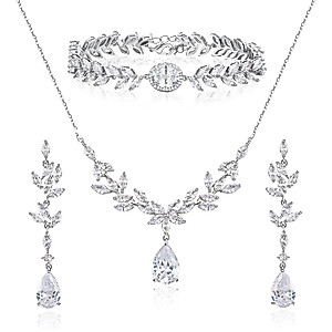 SWEETV Bridal Jewelry Set for Wedding, Cubic Zirconia Necklace Dangle Earrings Bracelet Set, Teardrop Marquise Brides Bridesmaids Wedding Prom Jewelry Sets for Women