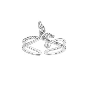 CZ Mermaid Silver Ring for Women Girls Adjustable Expandable Layered Dophin Fish Tail Shell Pearl Open Wrap Finger Rings Comfort Fit Dainty Birthday Wedding Anniverary Jewelry Gift Daughter Sister (Silver)