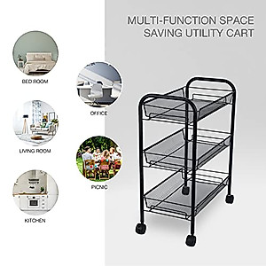 3-Tier Mesh Wire Rolling Cart with Baskets, Christmas Gifts Multifunction Utility Cart Wheels Lockable , Office Bedroom Storage Organizer , Easy Assembly Mesh Trolley Cart , Slide-Out Shelf, Black