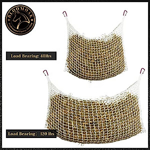 Bloomoak Knotless Slow Feed Hay Net with 2 Carabiner Clips for Horses/Soft Flat Hanging Hay Bag with Large Capacity for Full Day Feeding (1.2" Hole) (Large 63 * 40, White 1 PC)