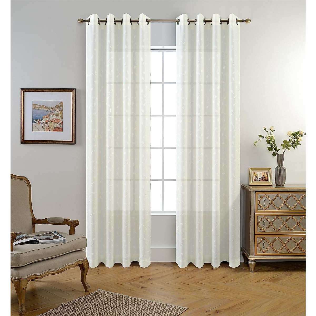 MIUCO Floral Embroidered Semi Sheer Curtains Faux Linen Grommet Curtains for Girls Room 52 x 84 Inch Set of 2, Off White