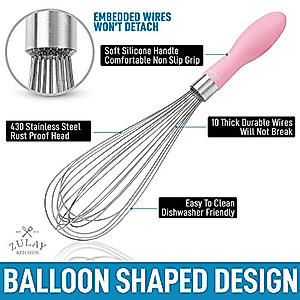 Zulay 12-Inch Stainless Steel Whisk - Balloon Whisk Kitchen Tool With Soft Silicone Handle - Thick Durable Wired Whisk Utensil For Blending, Beating, Whisking, Frothing, Stirring & More (Pink)