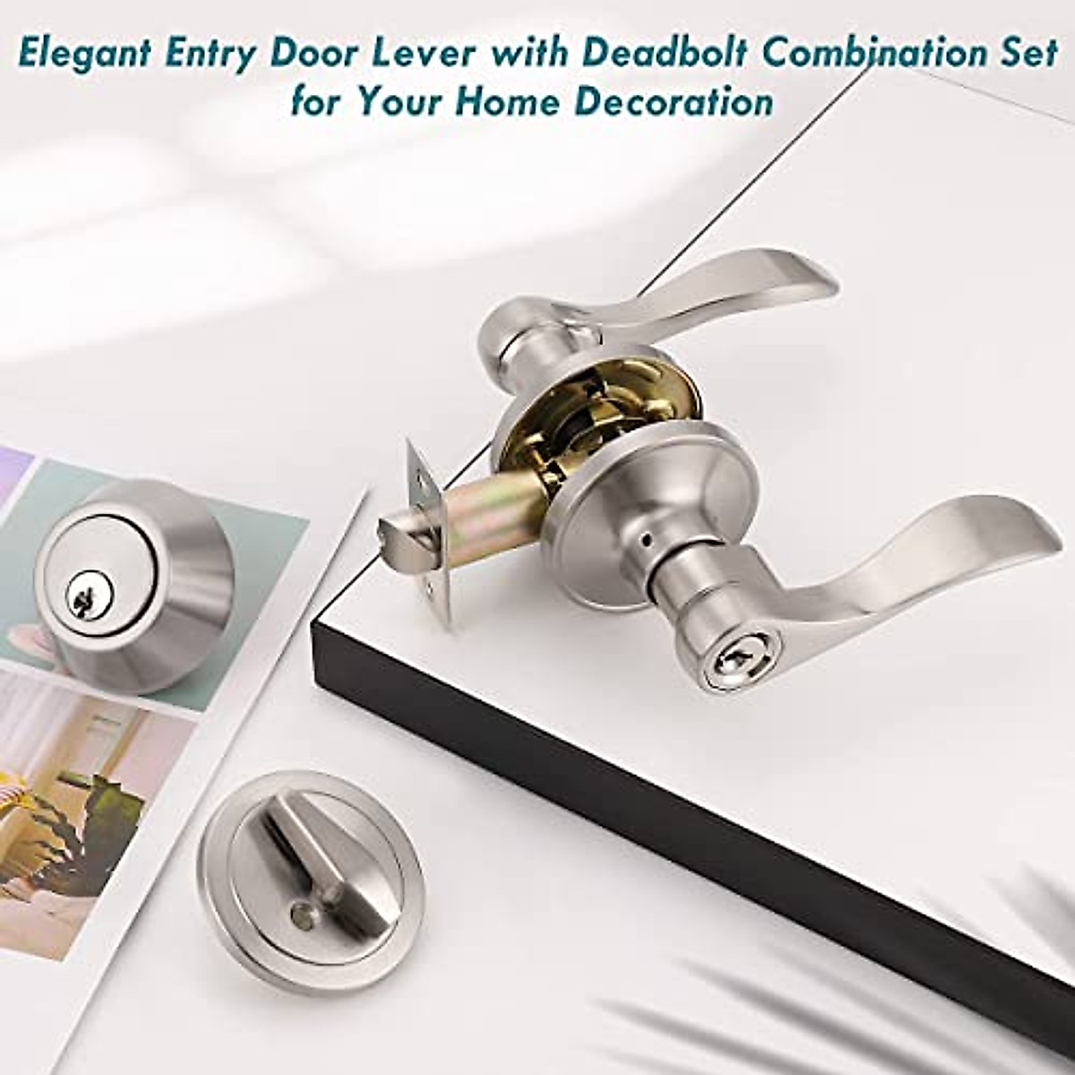 Keyed Alike Lever Set with Single Cylinder Deadbolt, Reversible Wave Style Satin Nickel Lockset, Lever Door Handle with Key and Lock for Bedroom, Front Door 4 Pack