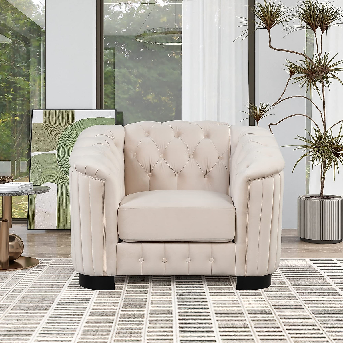 kevinplus Accent Armchair Velvet Upholstered Chesterfield Sofa Couch Single Sofa Chair, Modern Tufed Couch with Thick Removable Seat Cushion for Living Room Bedroom Small Space, Wooden Legs, Beige