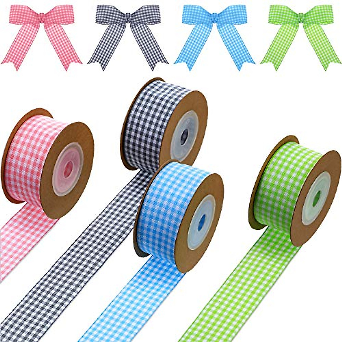 4 Rolls Easter Wired Ribbons Gingham Ribbon Buffalo Check Wired Edge Ribbon Plaid Wrapping Ribbons Christmas Ribbon for DIY Crafts Holiday Party Home Decorations, 1 Inch, 22 Yards