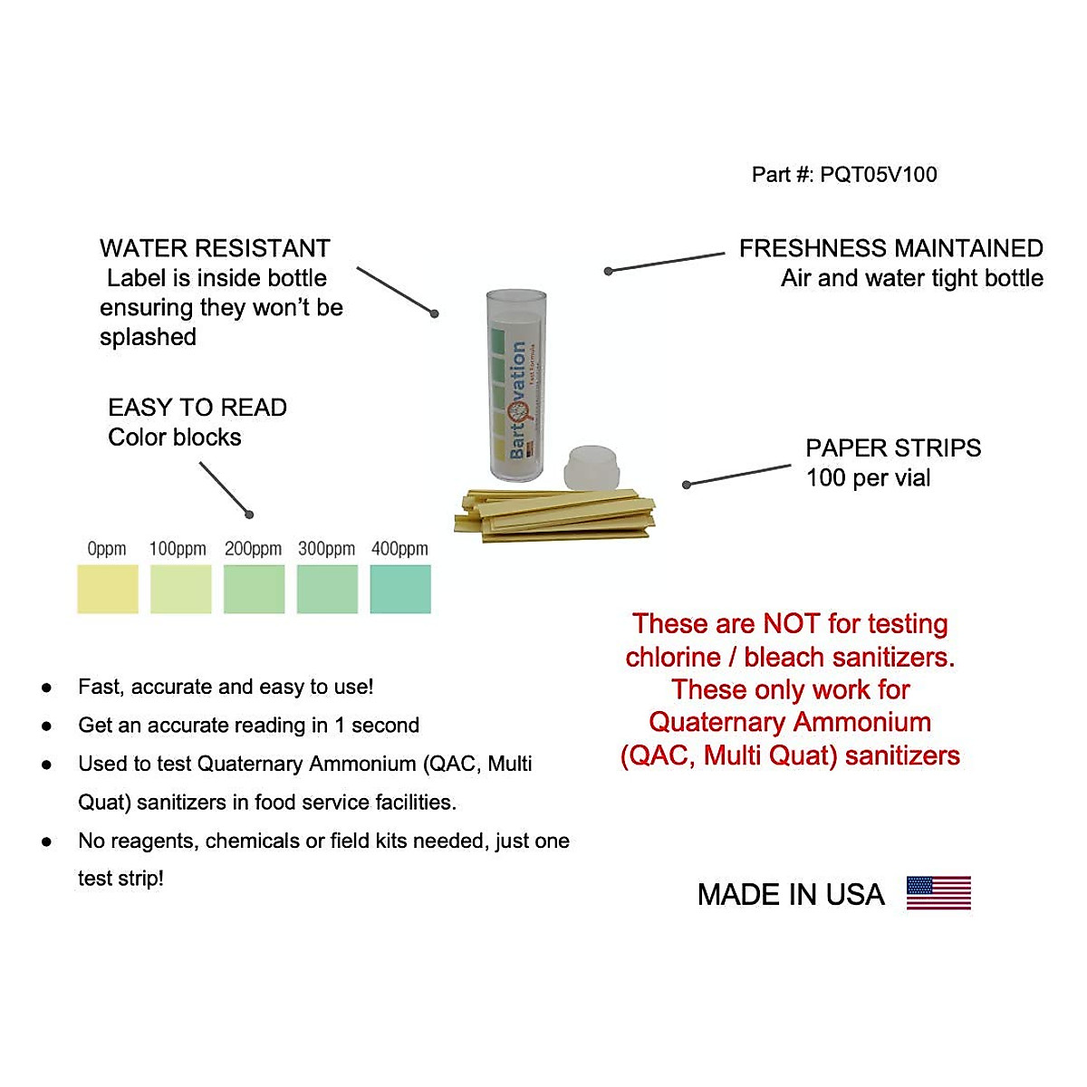 Five Pack Restaurant Quaternary Ammonium (QAC, Multi Quat) Sanitizer Test Paper, 0-500 ppm [5 Vials of 100 Paper Strips]