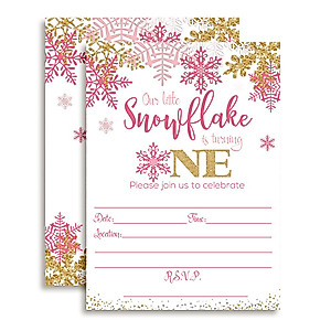 Winter Snowflake First Birthday Party Invitations in Pink & Gold, 20 5x7 Fill In Cards with Twenty White Envelopes by AmandaCreation