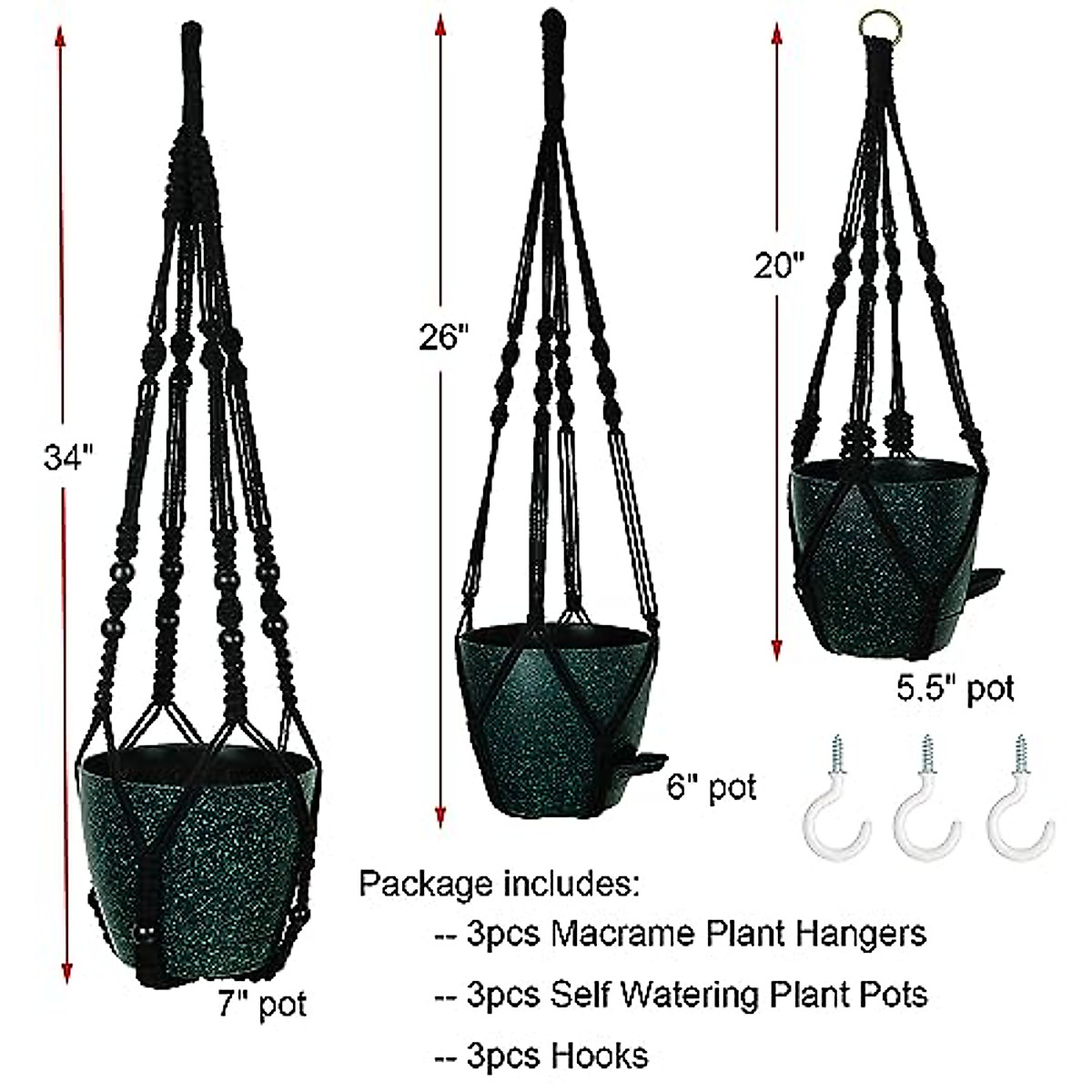 Self Watering Hanging Planters & Macrame Plant Hangers Plastic Flower Pots with Cotton Rope Hanging Baskets for Indoor Outdoor Boho Home Decor Black Green Speckled Set of 3