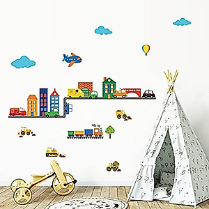 decalmile Construction Vehicles Wall Decals Cars Transportation Boys Wall Stickers Baby Nursery Childrens Bedroom Living Room Wall Decor
