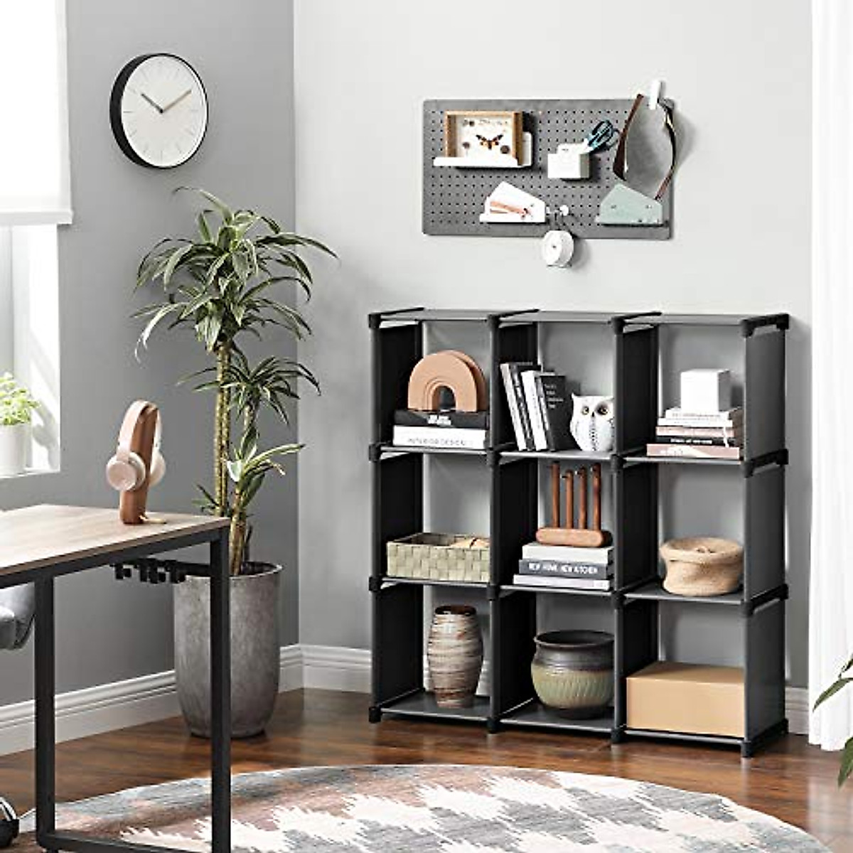 SONGMICS 9-Cube Storage Shelf and 6 Cube Bins Bundle, Open Bookshelf and Fabric Storage Boxes, Foldable Bins, Black and Gray UROB26LG and ULSN45BK