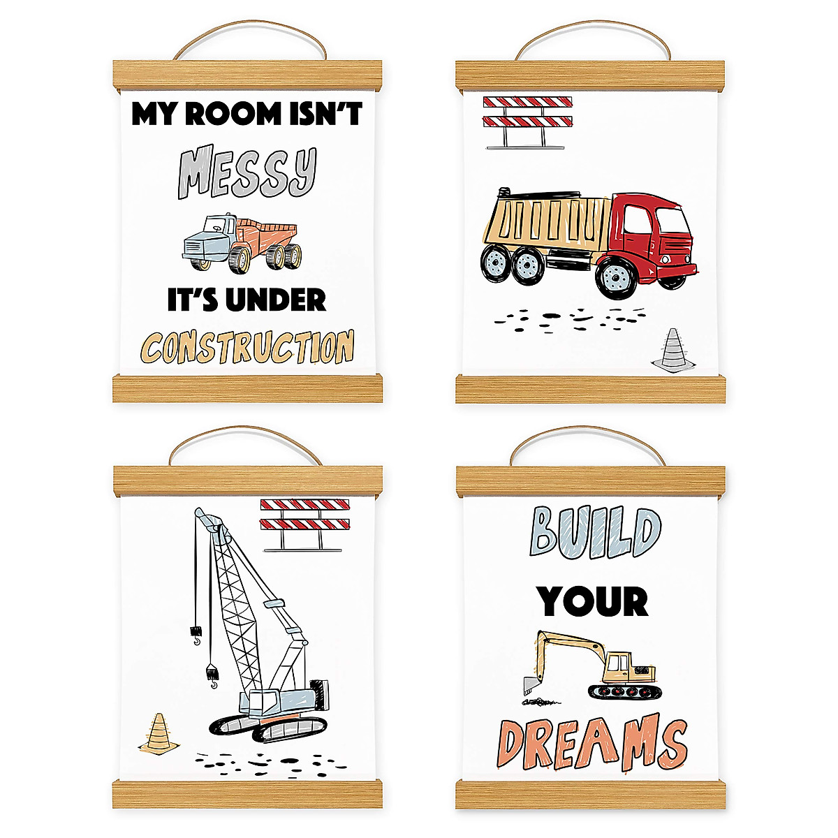 Framed Sweet Jojo Designs Construction Truck Wall Art Prints Room Decor for Baby, Nursery, and Kids - Set of 4 - Grey Yellow Orange Red and Blue Transportation with Wooden Hanging Magnetic Frames