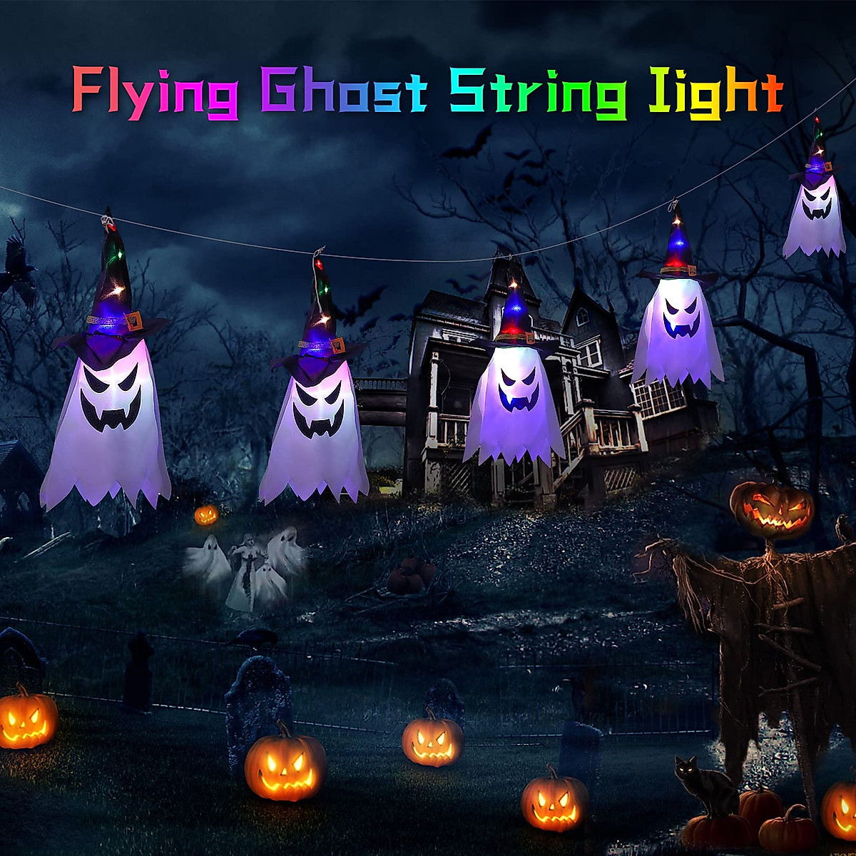 Halloween Decorations Outdoor,Hanging Glowing Ghost Witch Hat with String Lights,Scary Halloween Tree Decorations Ornaments for Indoor Outside Home Window Porch Garden Yard Party Decor