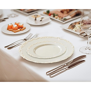 Posh Setting Disposable Plastic Plates Set - Heavy Duty Vintage Plastic Plates - Ivory Vintage Disposable Dinnerware Sets with 30 Appetizer Plates & 30 Plastic Dinner Plates for Wedding (60 Pack)