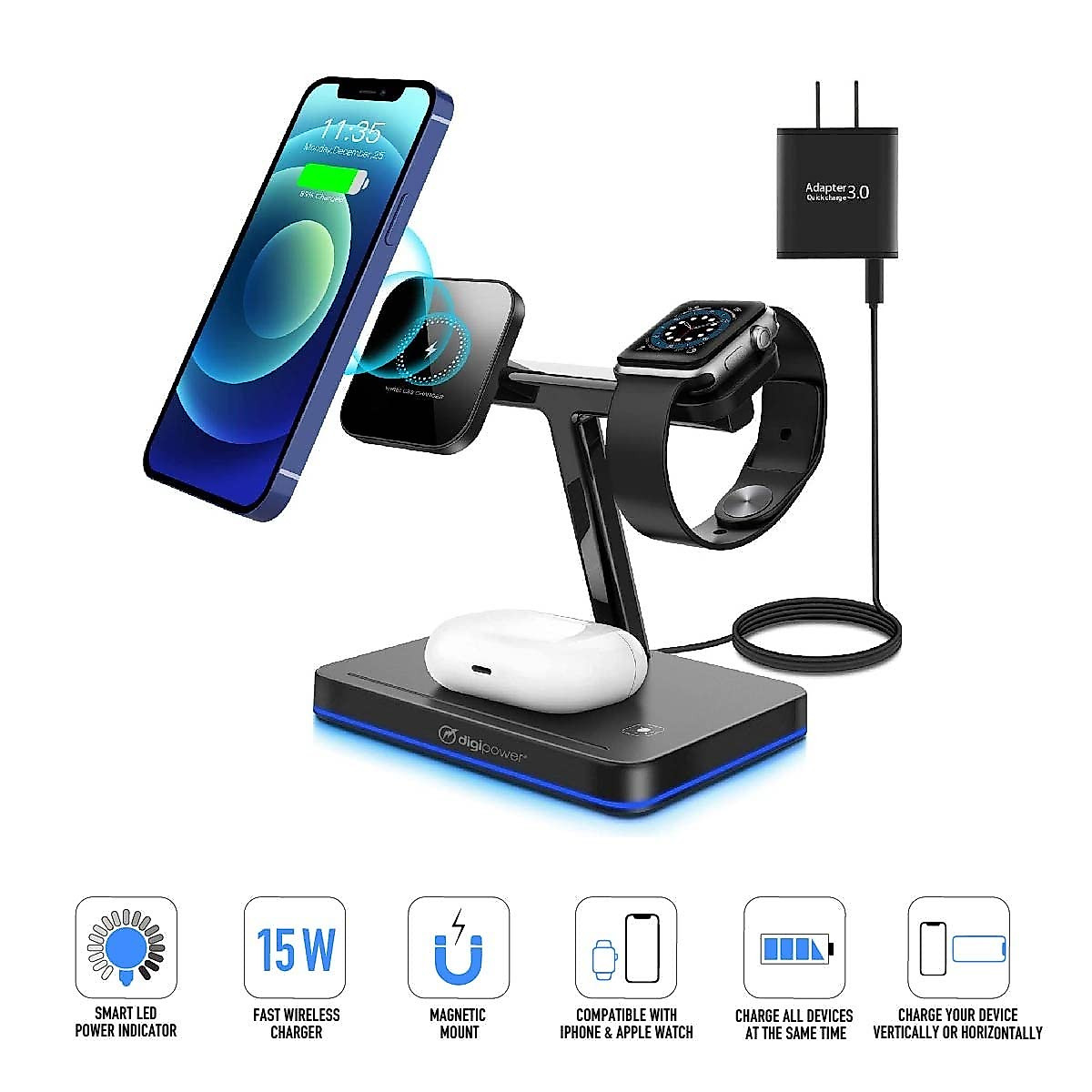 Digipower Wireless Charger - 3 in 1 Magnetic Charging Station - Fast Wireless Charger Stand for iPhone 14/13/12/Pro/Max, for Apple Watch 7/6/5/4/3/2/SE, AirPods 3/2/Pro
