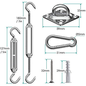 EVERSEE Sun Shade Sail Hardware Kit 5 inch 304 Stainless Steel for Rectangular/Square/Triangle Sun Shade Sail Installation Patio Lawn and Garden, Heavy Duty Anti-Rust Sail Shade Hardware Kit, 40 Pcs