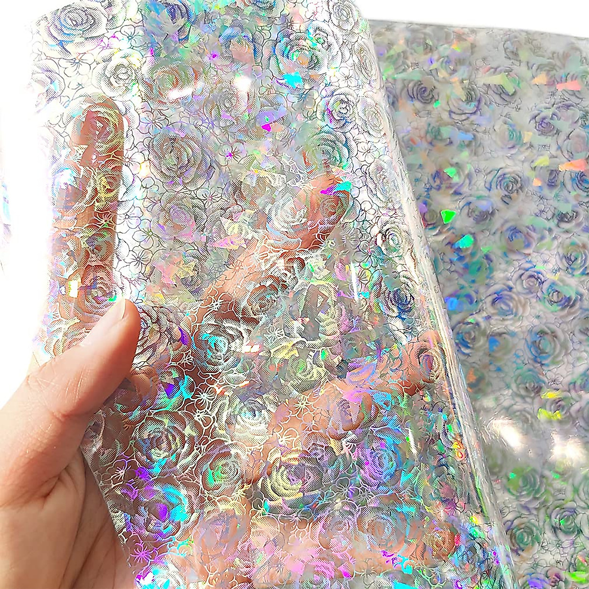 HYANG Transparent Rose PVC Super Clear Holographic Vinyl Faux Leather Sheets 1 Roll 12" x 53" (30cm x 135cm) for DIY Bows Earrings Bags DIY Crafts Making