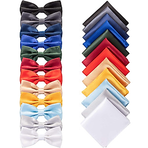SATINIOR 24 Pcs Pre Tied Bow and Tie Pocket Square Set 12 Solid Color Adjustable Bowtie 12 Satin Handkerchief for Men Boys(Bright Colors)