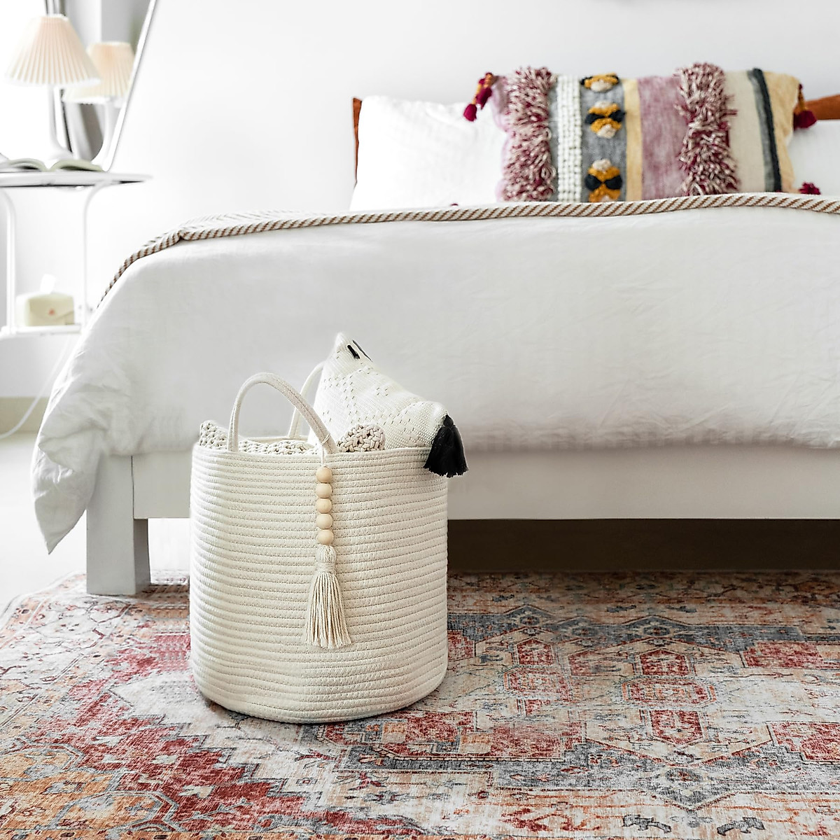 Mkono Woven Storage Basket with Handles Decorative Cotton Rope Basket Wooden Bead Decoration for Blankets,Toys,Clothes,Living Room Home Decor, 11", White