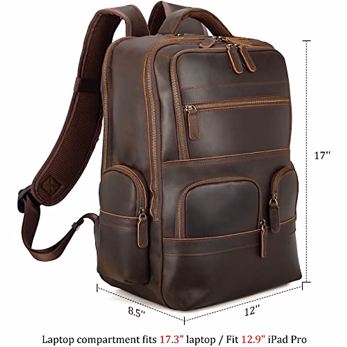 Polare Full Grain Leather 17.3 Inch Laptop Backpack 29L Large Business Overnight Weekender Rucksack Vintage Multi Pockets Travel Computer Bag
