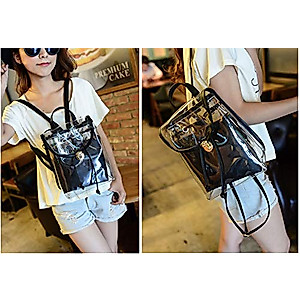 Jesdo Women's 2 in 1 Clear Fashion Backpack Transparent Travel Beach Shoulder Handbag Purse ( Black )