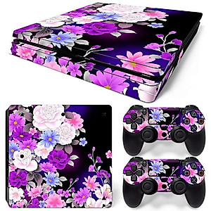 ZOOMHITSKINS Compatible with PS4 Slim Skin, Light Color Flowers Spring Floral Blue, Durable & Fit, 3M Vinyl, Made in The USA