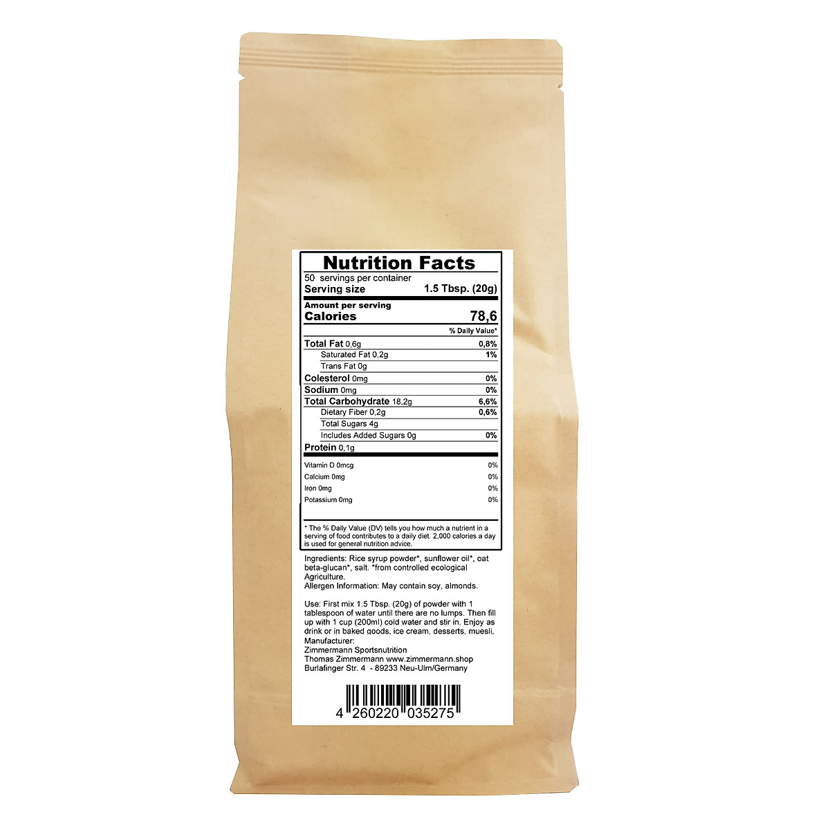 Organic Rice Milk Powder 2.2lb 1000g - Makes 2.64 gallons Vegan Milk Substitute - Gluten-Free - Lactose-Free - by Zimmermann Sportnutrition